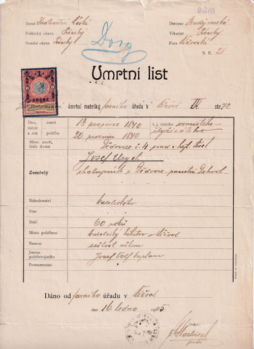 Plakát Úmrtní list Urych, Dědovice / od archivalium | Fler.cz