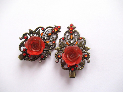 Spona dámská bronzová Filigránové sponky s červenou růžičkou / od Angie ...