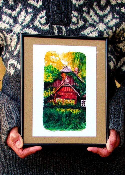 Ilustrace zelená reprodukce/ tisk/ print: Chata v záhrade A5: 14,8 x ...