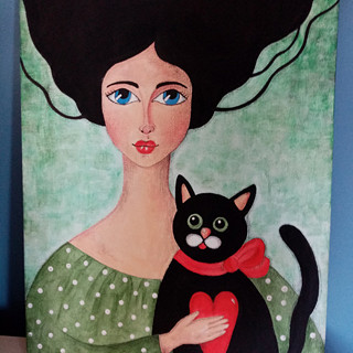 Dívka a kočka - originální malba / od Girls | Fler.cz
