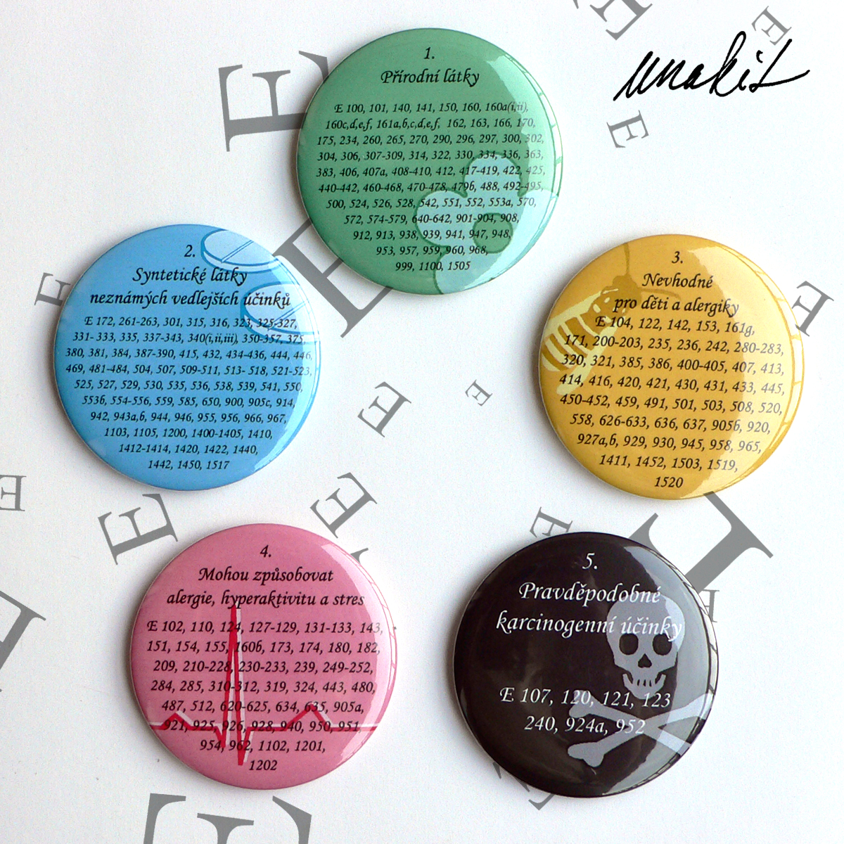 Magnet světle zelený Pozor na éčka! - sada pěti magnetů na ledničku ...