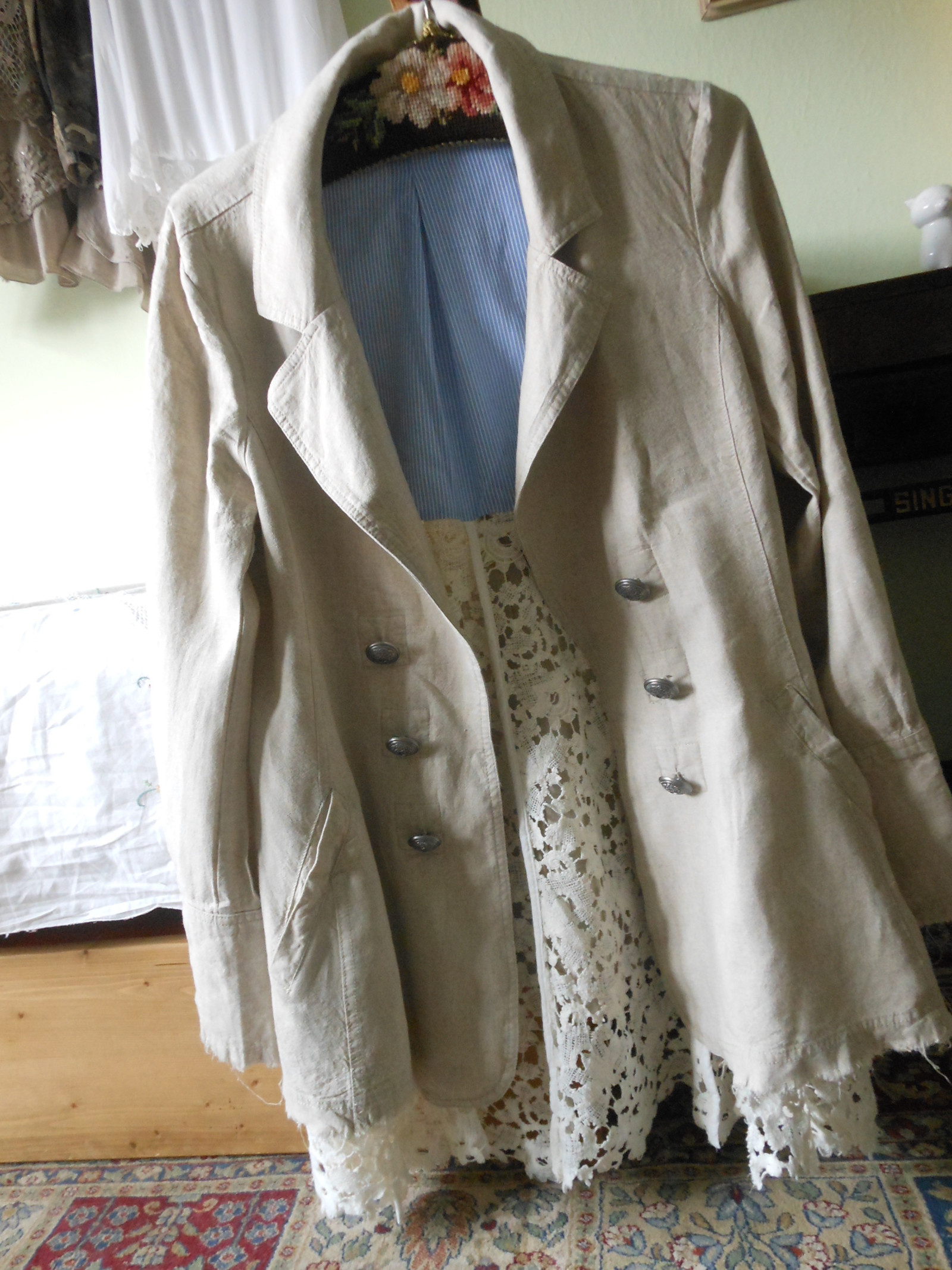 Móda a doplňky dámské béžové Shabby chic lněné sako s krajkou, vel.L ...