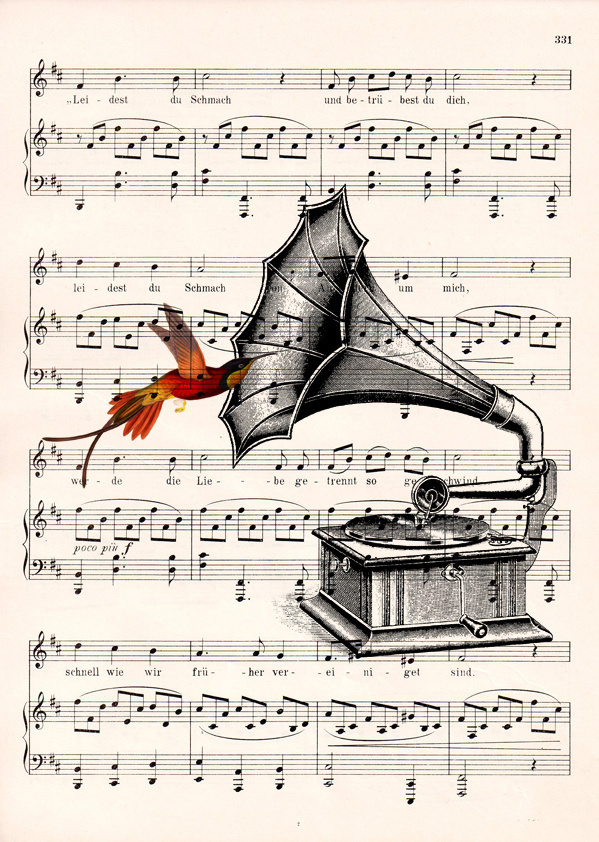 Koláž Tisk na starý notový papír z roku 1900 - gramofon / od plešatý ...