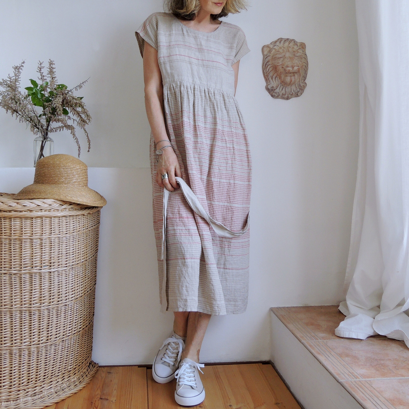 Dámské slonová kost RUTH šaty len LinLines - smetanová/jahodová / od ...