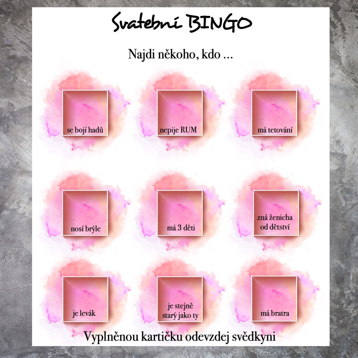 Ostatní dekorace růžové Svatební BINGO - Najdi někoho, kdo... / od zuka-simply | Fler.cz