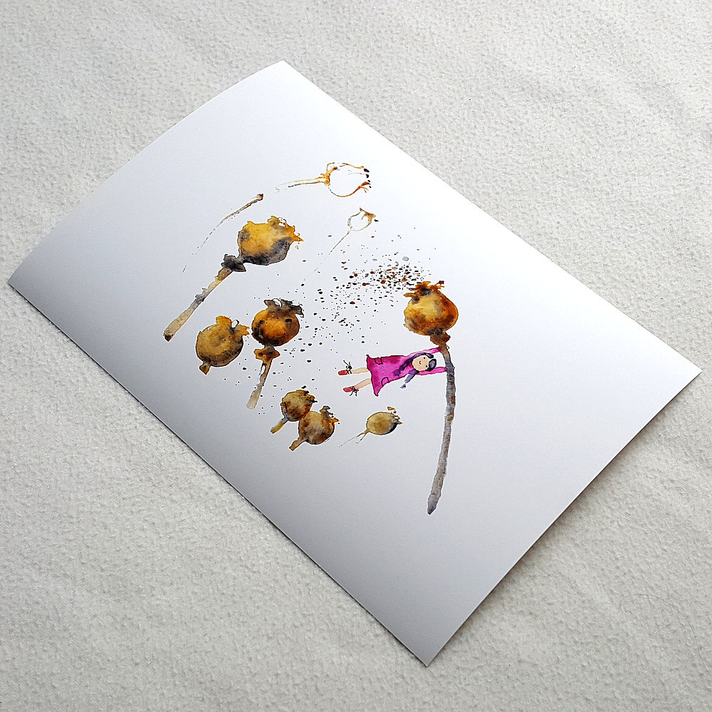 Ilustrace hnědá Makovice pole dance - akvarel - profi tisk A4 / od ...