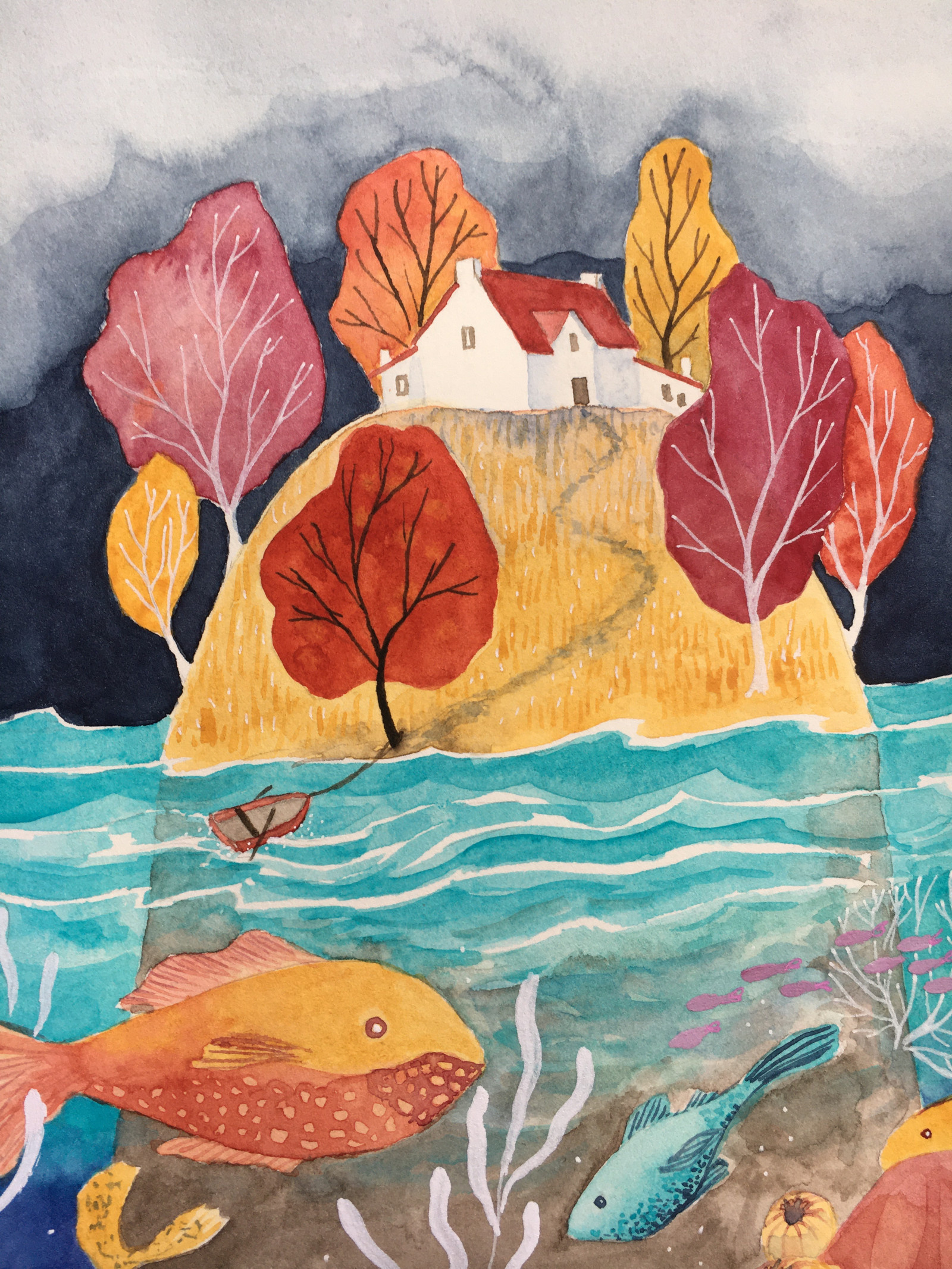 Ilustrace půlnoční modrá Originál akvarel Pod morom, nad morom / od ...