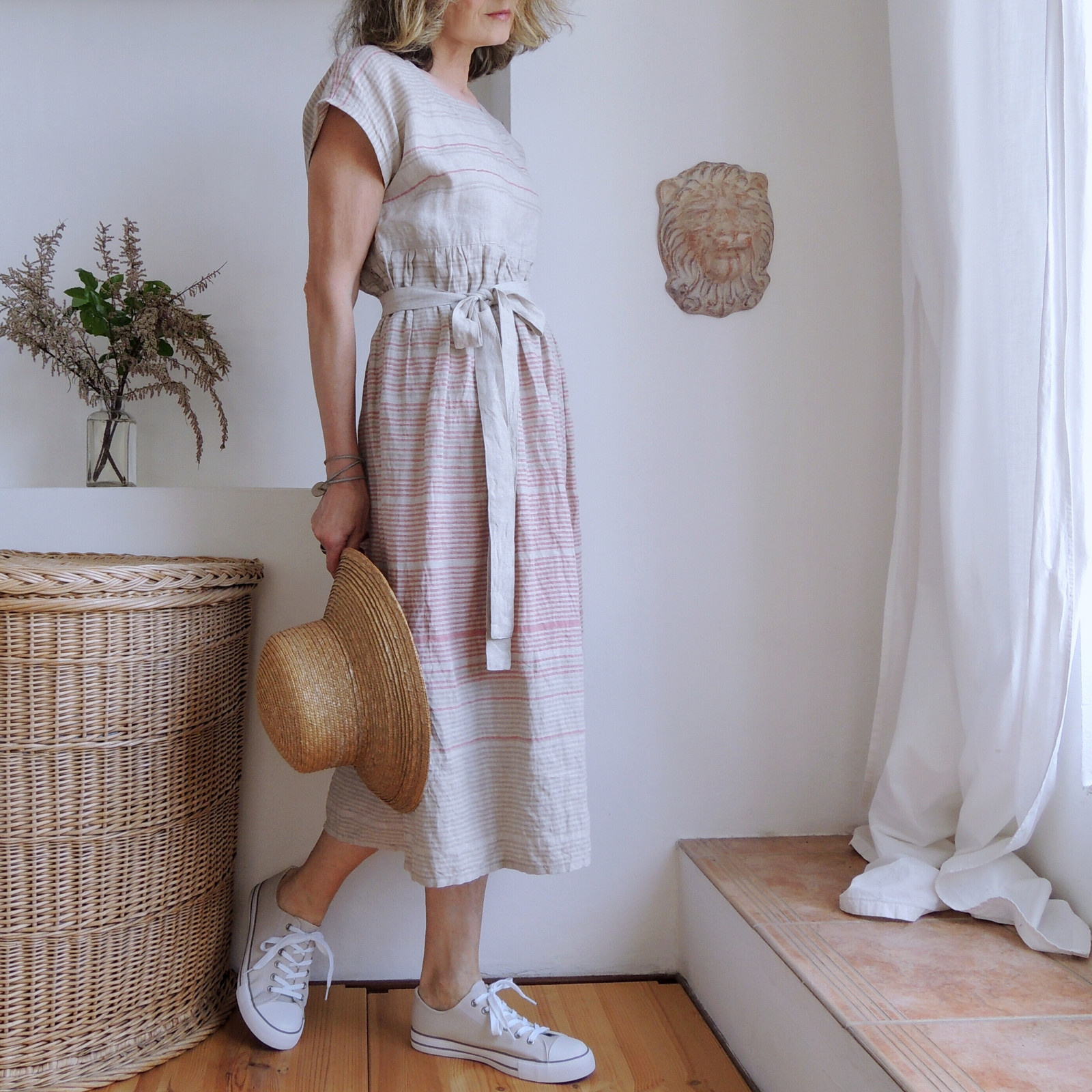 Dámské slonová kost RUTH šaty len LinLines - smetanová/jahodová / od ...