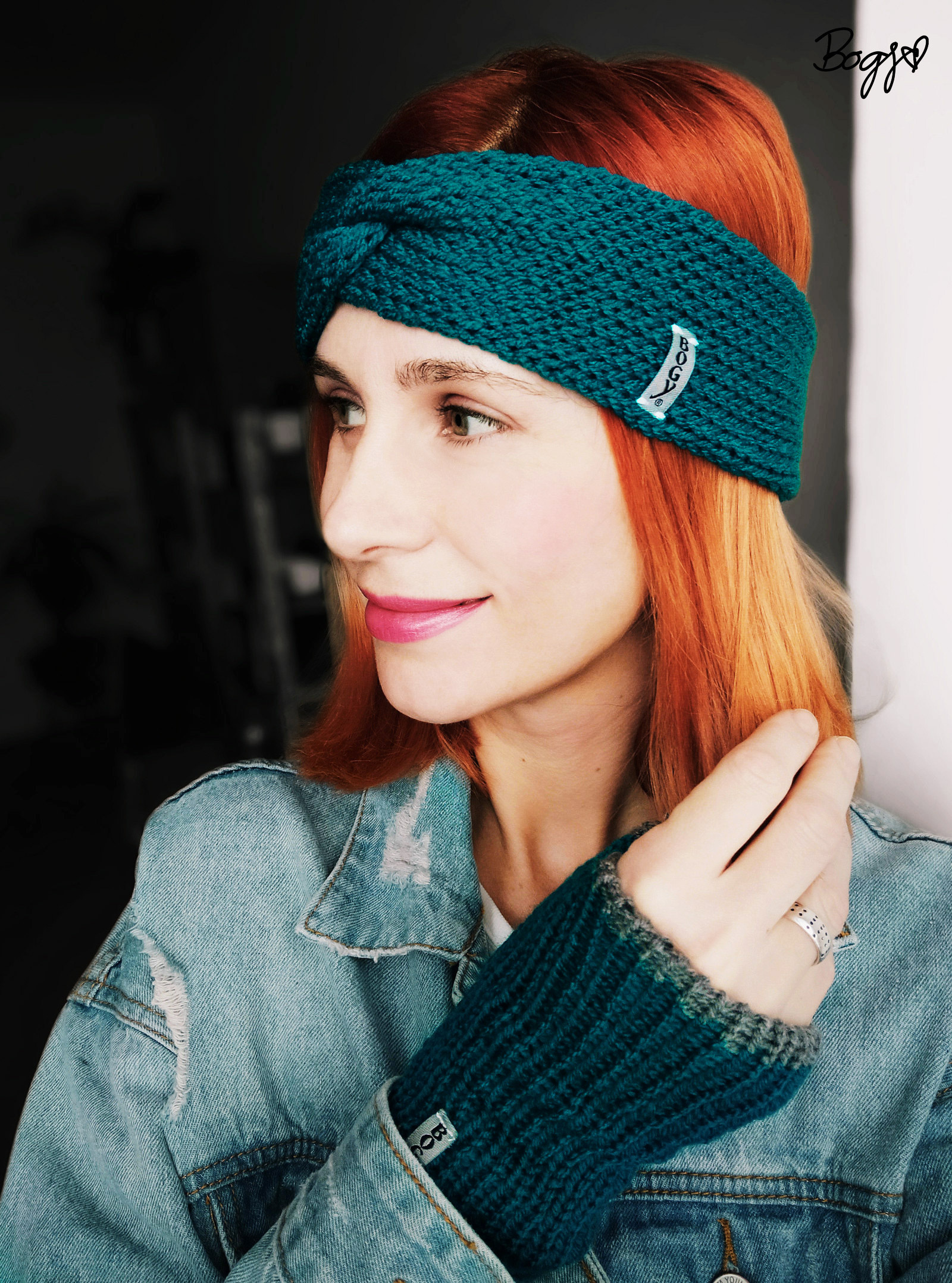 Dámská petrolejová dvojitá čelenka pletená na mlýnku, petrolej obvod 54 ...